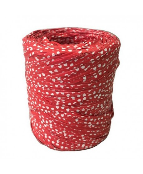 RAFIA SINTÉTICA ROJA CON CORAZONES BLANCOS 15 mm. x 200 mts.