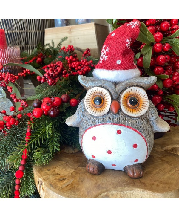 BÚHO BLANCO Y ROJO CON TOPOS EN LA BARRIGA 16 x 12 x H26cm.