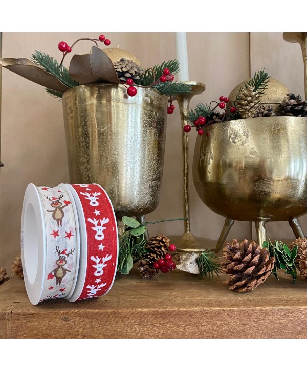 CINTA DE NAVIDAD RENOS Y CORAZONES CON FONDO CREMA 25mm. x 20mts.