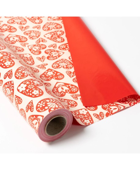 CELOFÁN OPAK CREMA CON CORAZONES ROJOS Y FLORES 70cm. x 50mts.