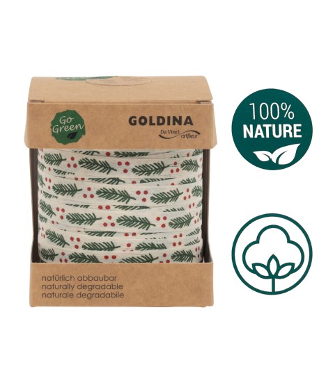 CINTA DE ALGODÓN NATURE CREMA CON BAYAS Y ACEBO 10mm. x 100mts.